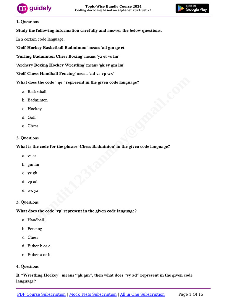 Coding Decoding Based On Alphabet 2024 Set - 1 | PDF