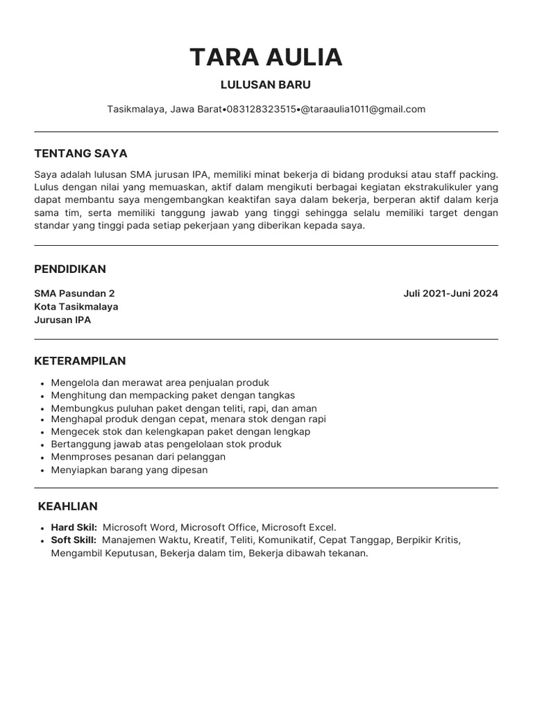 CV Tara Aulia - 20240920 - 191103 - 0000 | PDF