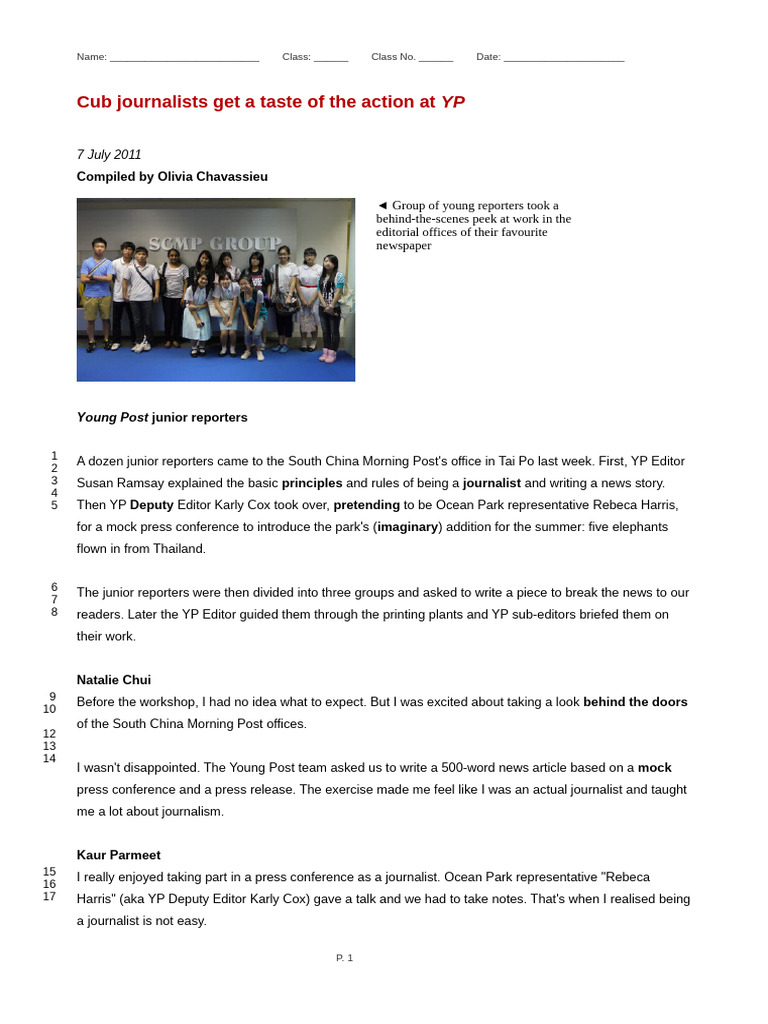 Cub Journalists Get A Taste of The Action Reading Comprehension | PDF ...