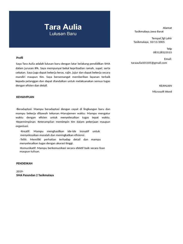 CV - Tara Aulia | PDF