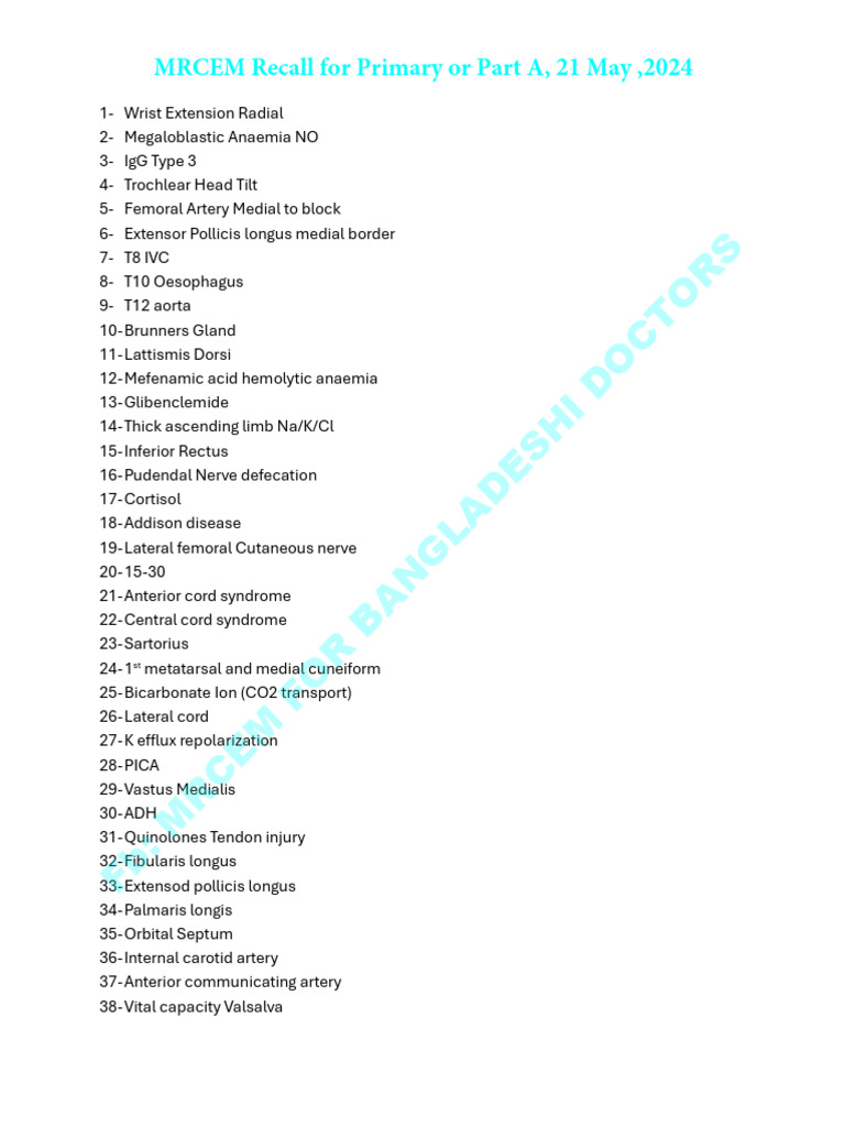 MRCEM Recall For Primary or Part-A (May, 2024) | PDF