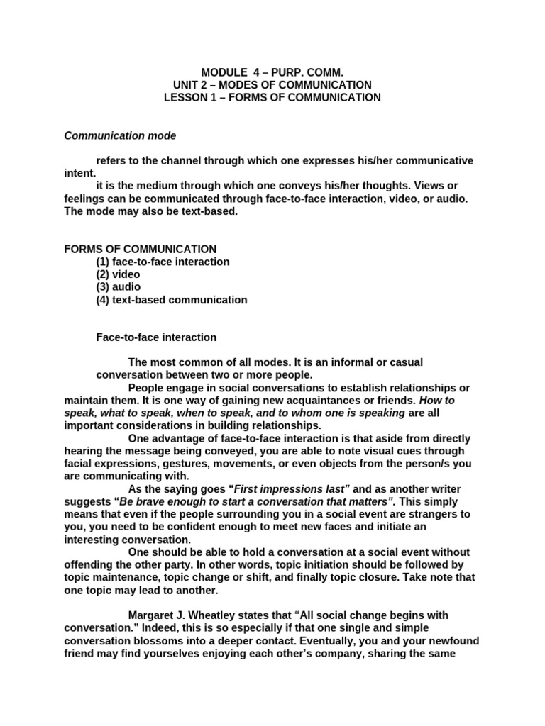 M Unit 2 Lesson 1 Forms of Comm. 1 | PDF