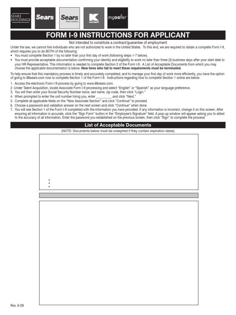 Sears I-9 Instructions For Applicant | PDF | Passport | Identity Document