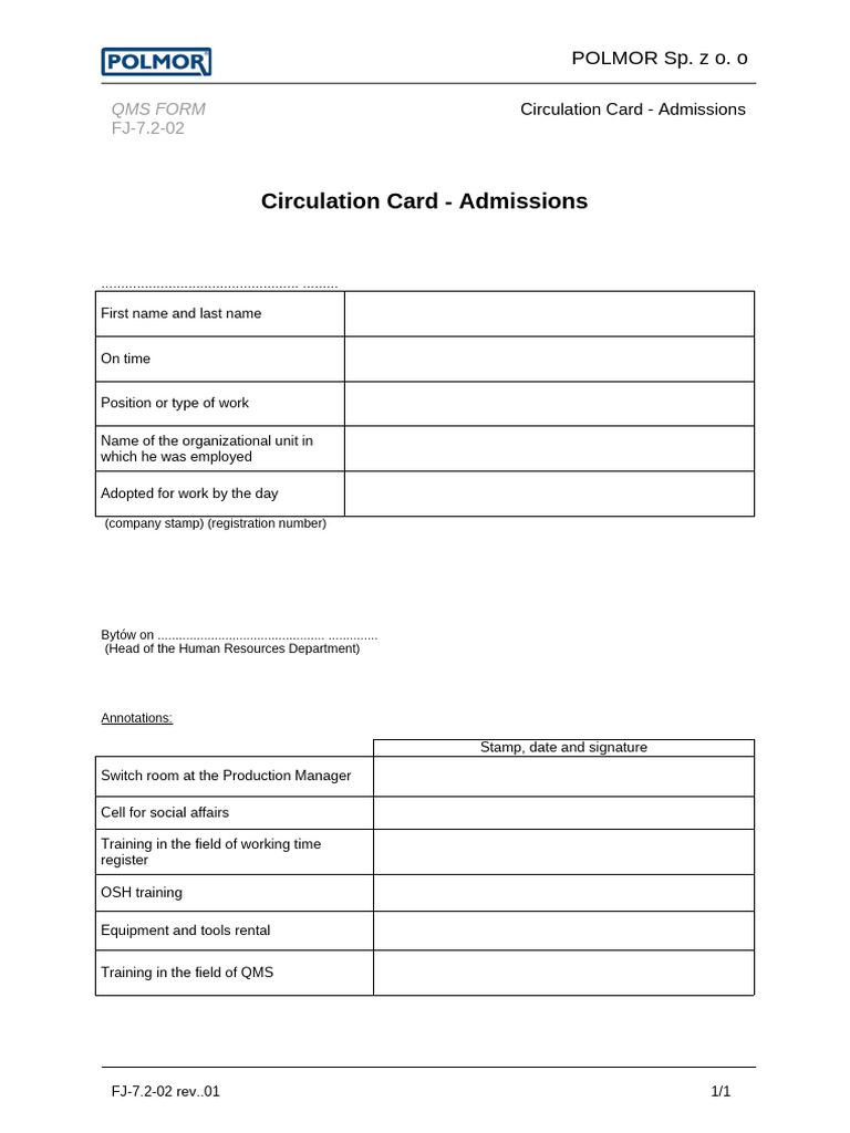 FJ-7.2-02 Circulation Card Admission | PDF