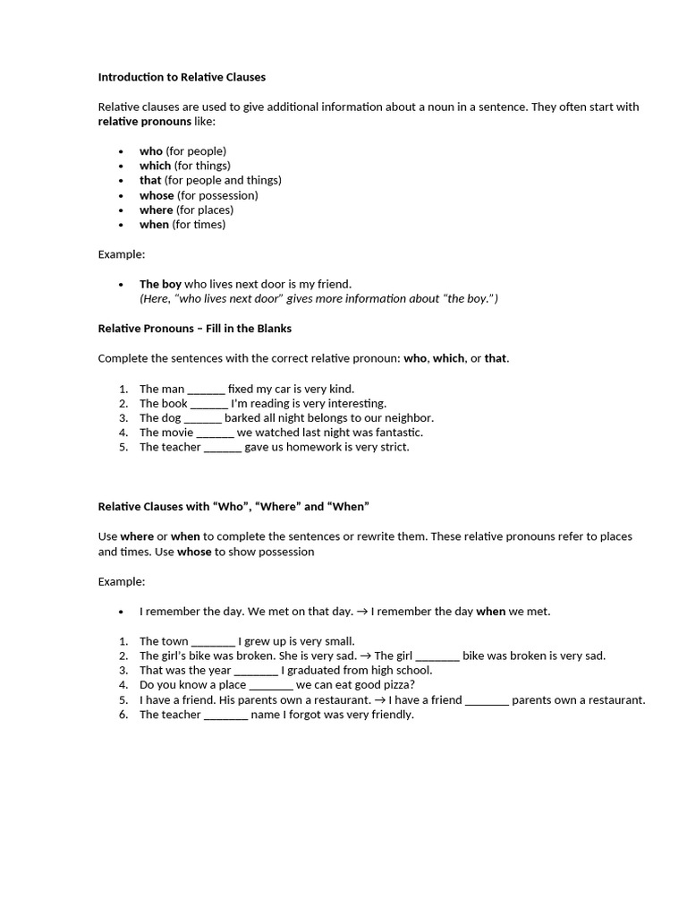 Relative Clauses Worksheet | PDF