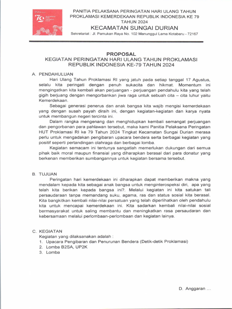 Proposal HUT RI 79 - Kec. Sungai Durian | PDF