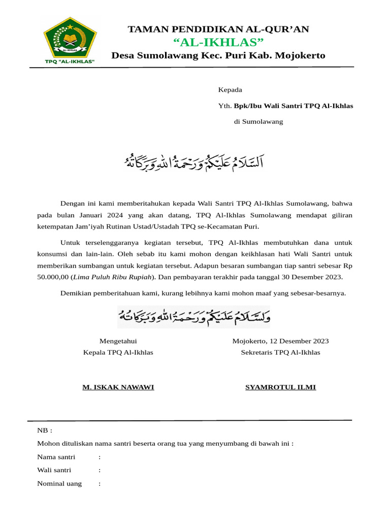 Surat Pemberitahuan TPQ Al-Ikhlas | PDF