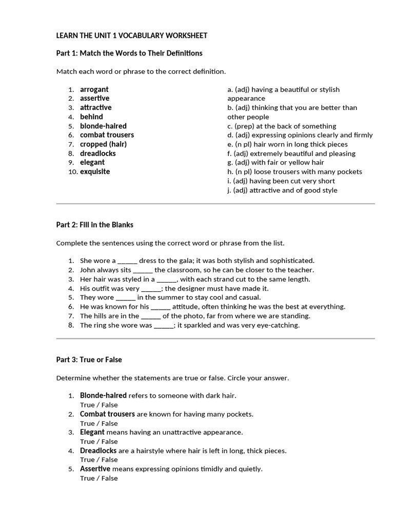 Learn The Unit 1 Vocabulary Worksheet | PDF