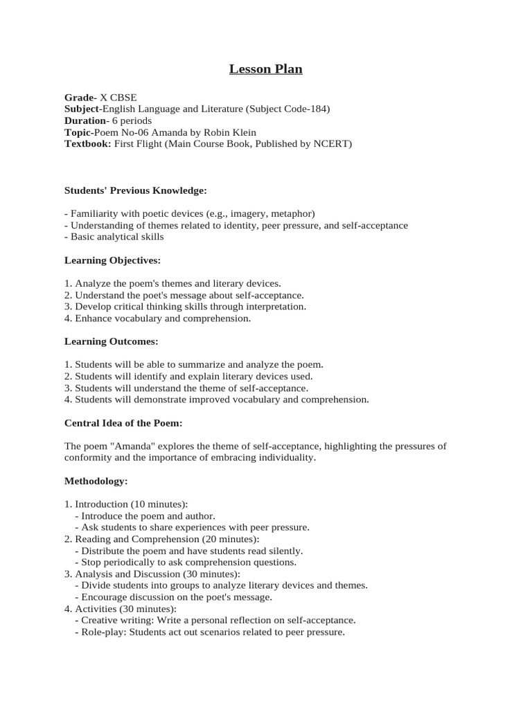 Grade-X English Lesson Plan | PDF