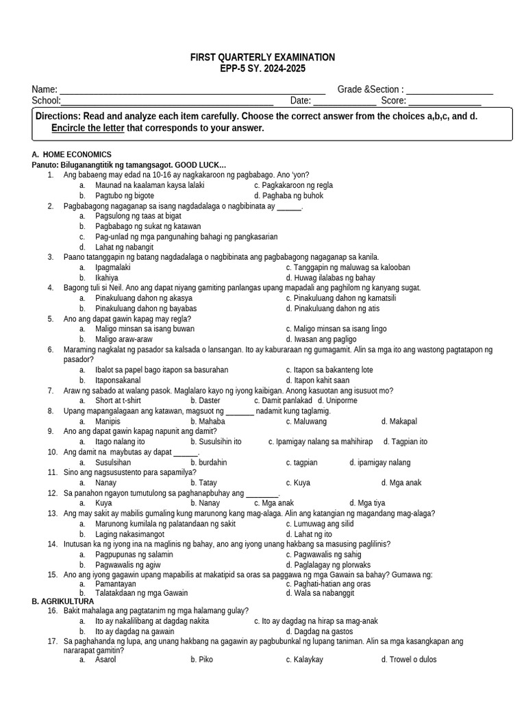 PT - Epp 5 - Q1 | PDF | Philippines | Home & Garden