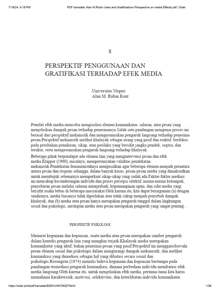 Idn Translate - Alan M.rubin Uses and Gratifications Perspective On Media Effects | PDF
