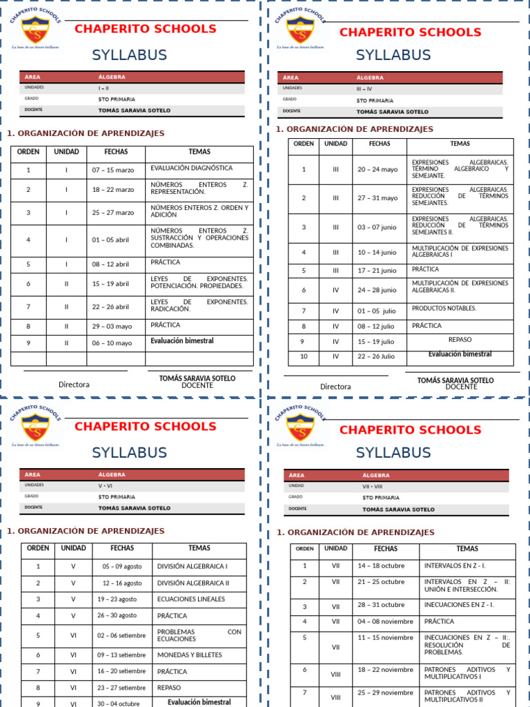 Syllabus Álgebra 5° Primaria 2024 - Chaperito | PDF