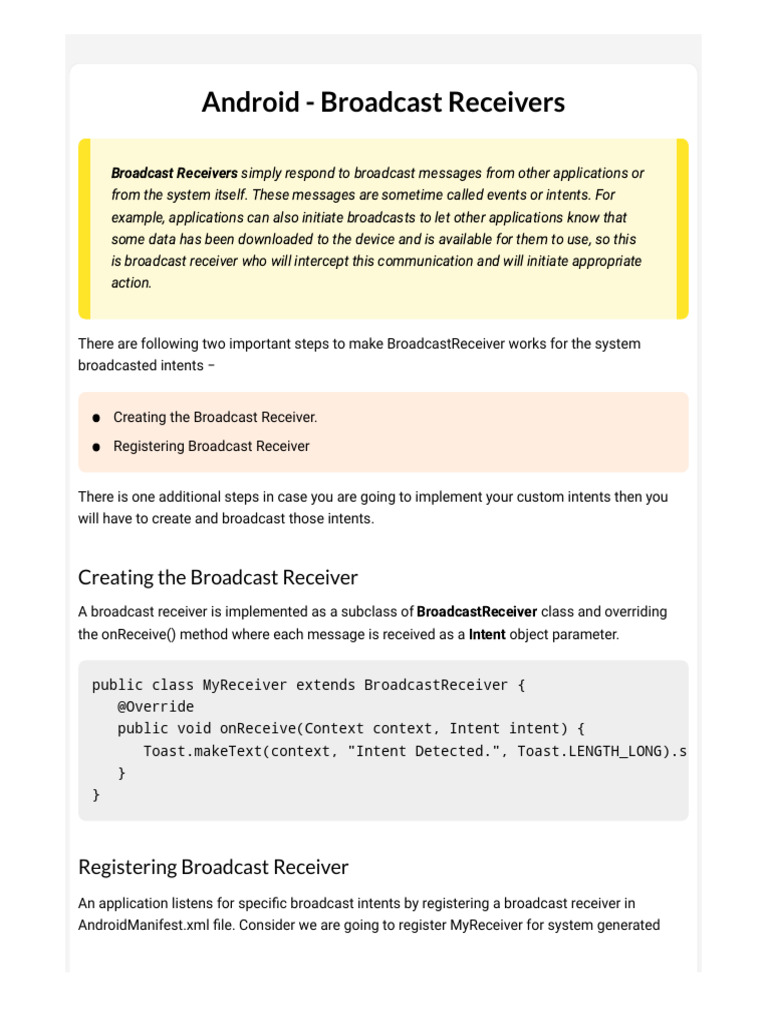 Android - Broadcast Receivers | PDF | Method (Computer Programming) | Software Development