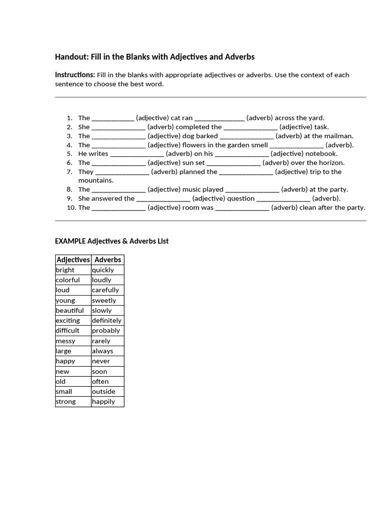 Adjectives and Adverbs Worksheet | PDF