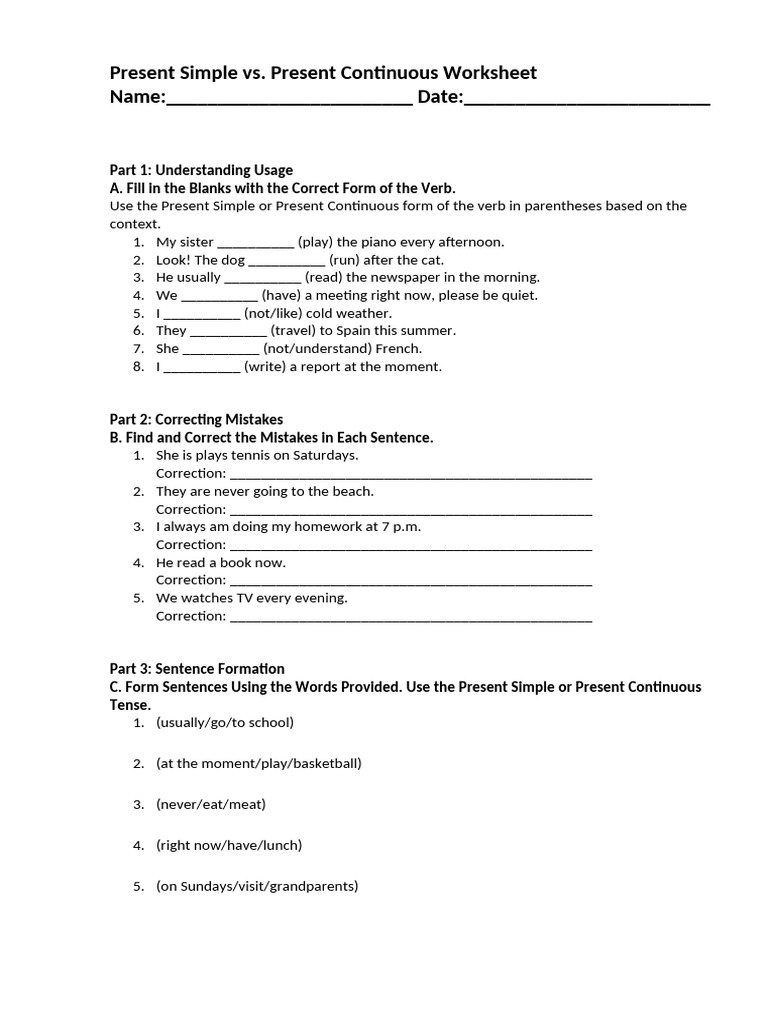 Present Simple & Continious Worksheet Edth | PDF