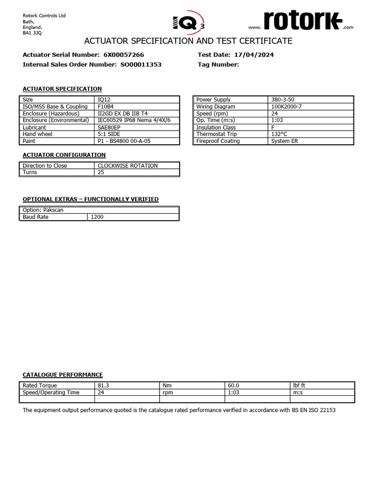 Actuator Test Certificate ISO 22153 Example | PDF