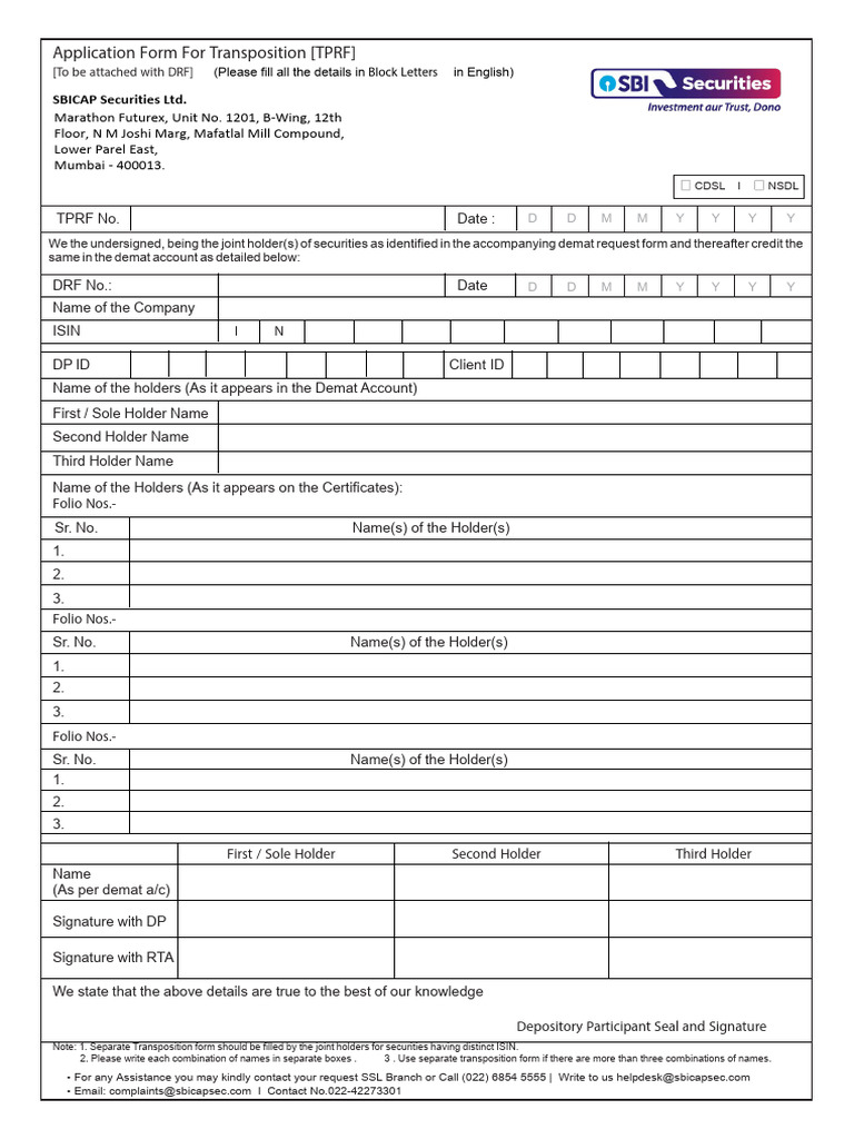 Transposition Form - NSDL and CDSL | PDF