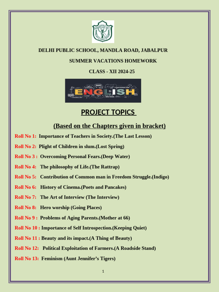 Project Topics: (Based On The Chapters Given in Bracket) | PDF