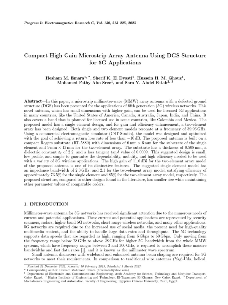 Compact High Gain Microstrip Array Antenna Using DGS Structure For 5G Applications | PDF