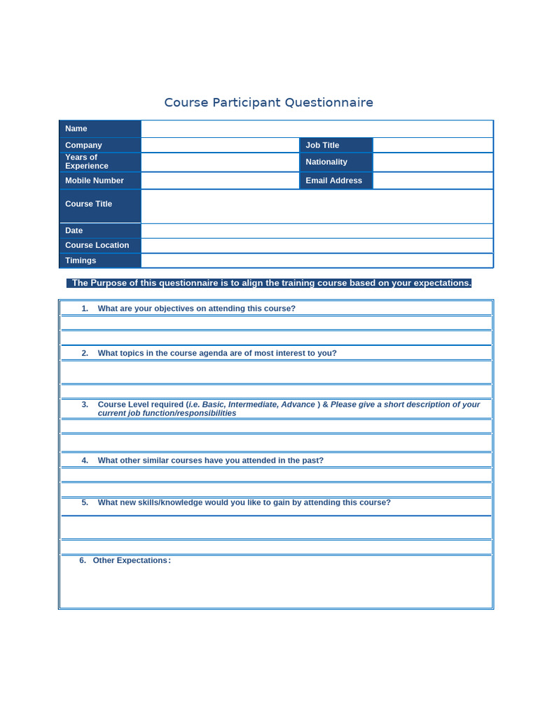 Course Participant Questionnaire - Template | PDF