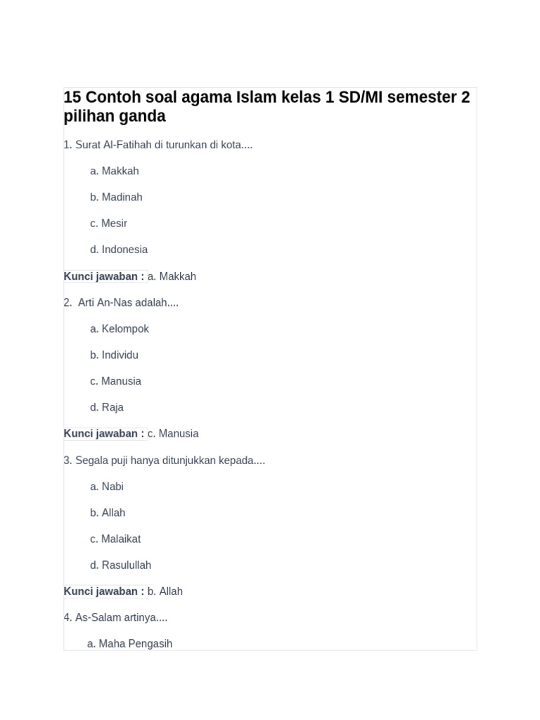 15 Contoh Soal Agama Islam Kelas 1 SD | PDF