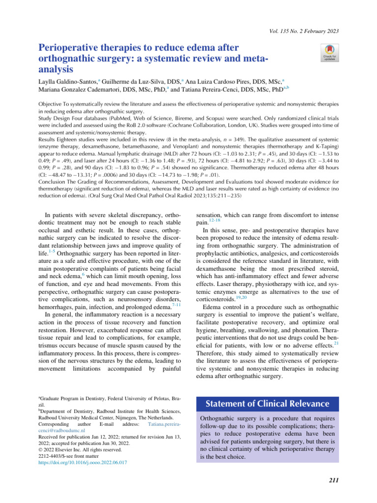 Perioperative Therapies To Reduce Edema After Orthognathic Surgery - A ...