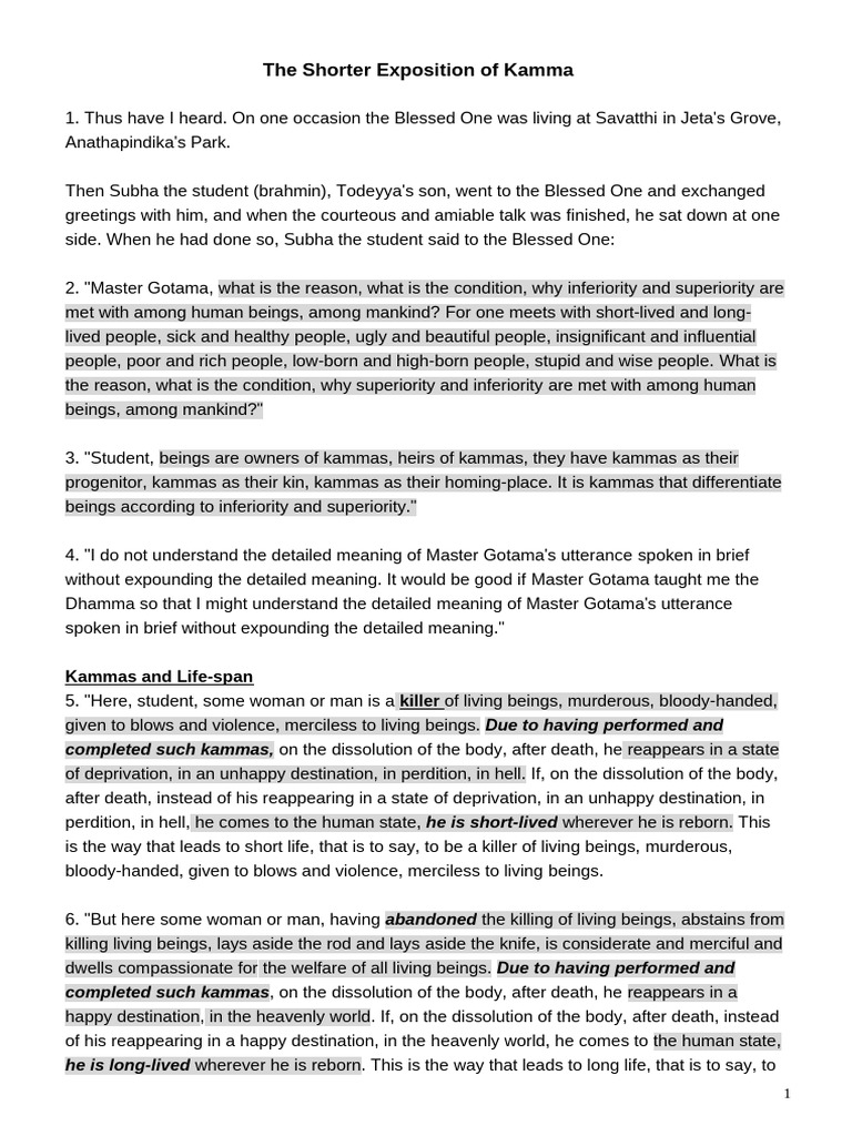 Lesson Three - Kamma - Shorter Exposition Moliyasivaka | PDF