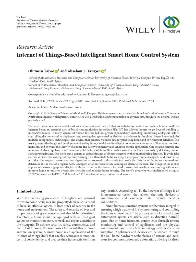Research Article: Internet of Things-Based Intelligent Smart Home ...