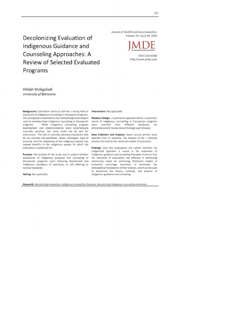 View of Decolonizing Evaluation of Indigenous Guidance and Counseling Approaches - A Review of ...