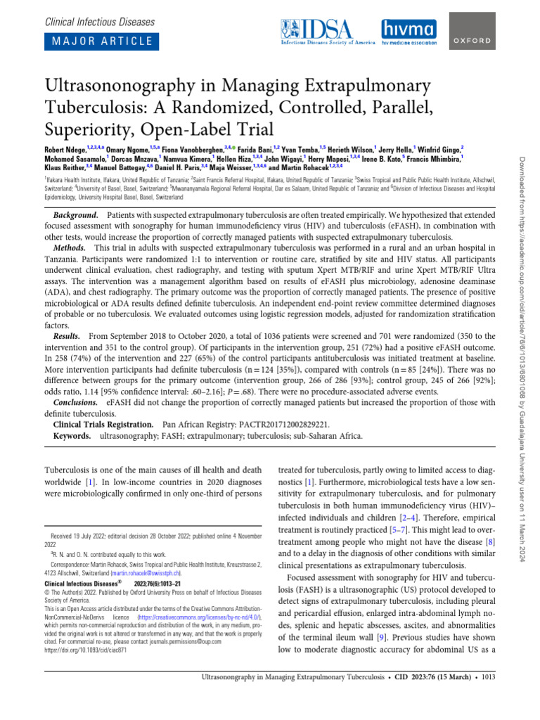 Ultrasononography in Managing Extrapulmonary Tuberculosis - A Randomized, Controlled, Parallel ...