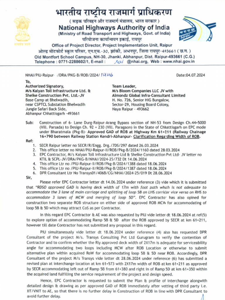 PD - LR - No.1446 Dt. 04.07.2024 Approved GAD of ROB at Highway Km. 61+211 | PDF