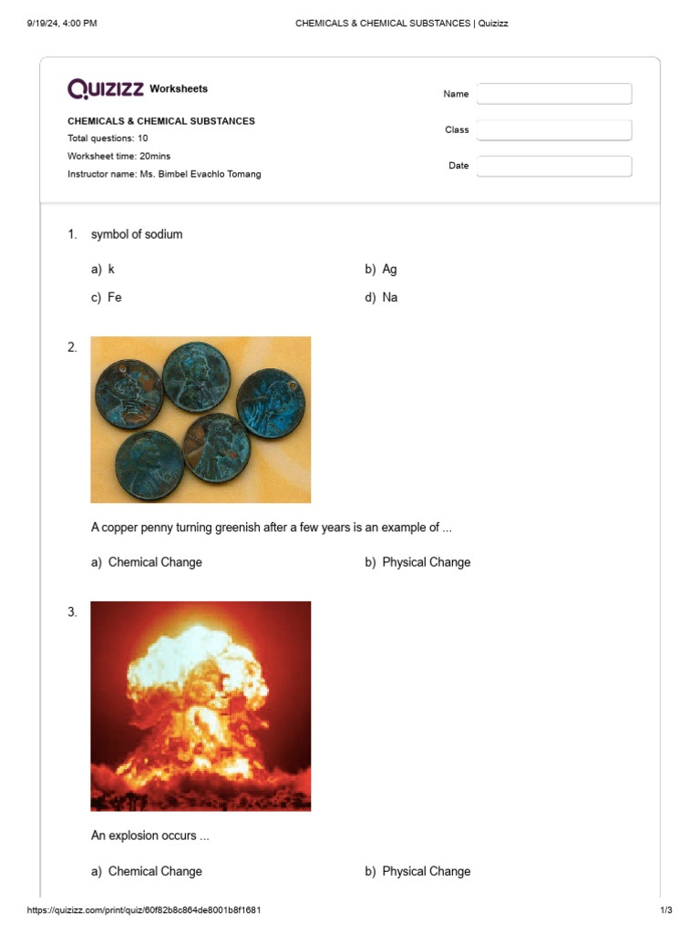 CHEMICALS & CHEMICAL SUBSTANCES - Quizizz | PDF | Chemical Substances | Science & Mathematics