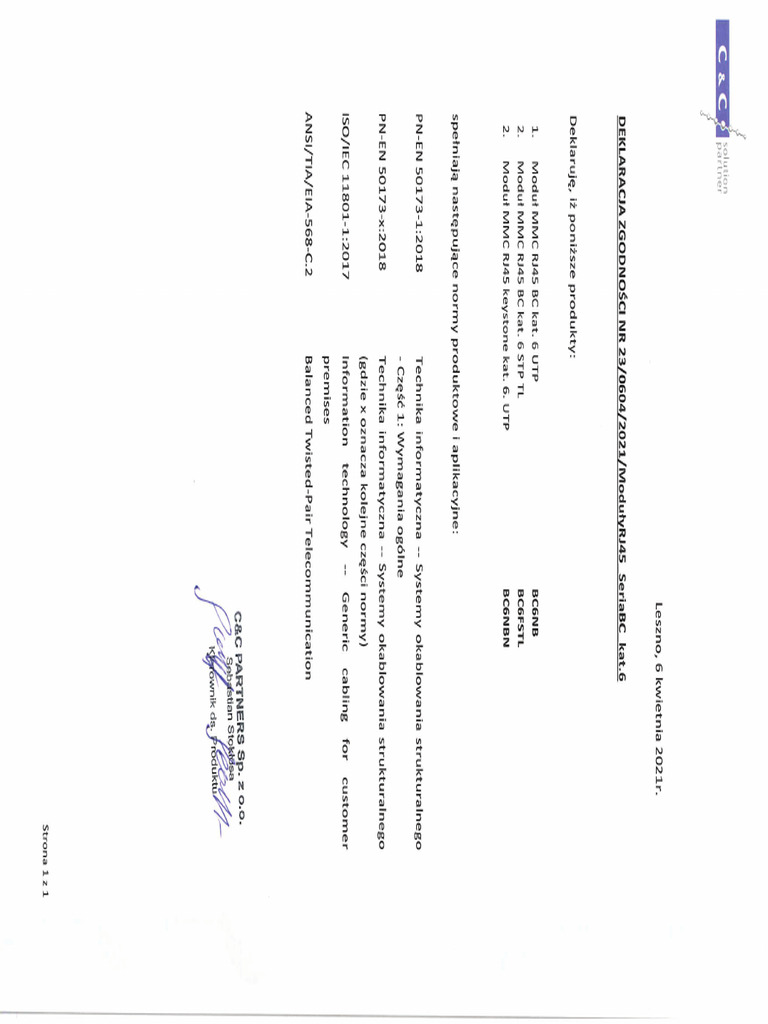 2.1. Moduły Keystone RJ45 - MMC - BC6NBN - Deklaracja Zgodności | PDF