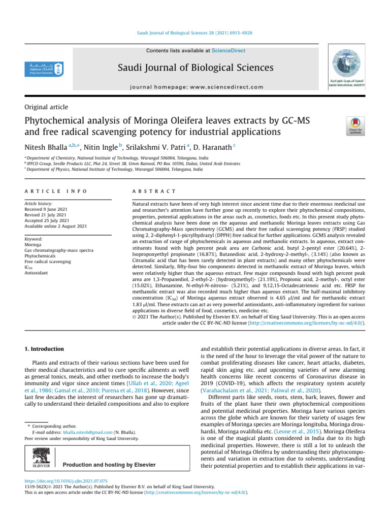 Phytochemical Analysis of Moringa Oleifera Leaves Extracts by GC-MS | PDF