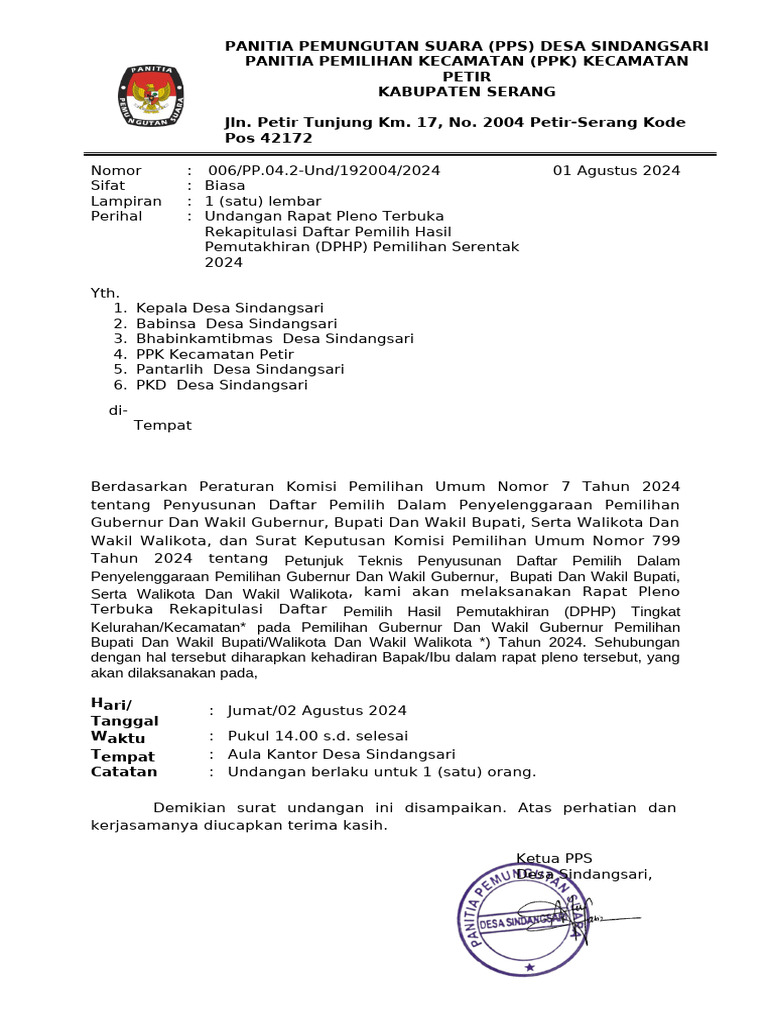 Surat Undangan Pleno DPHP | PDF