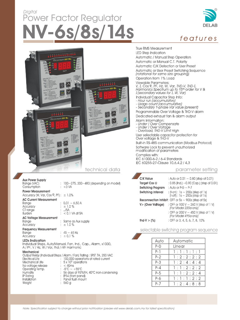 DELAB Digital Power Factor Regulator NV 6s - 8s - 14s Catalog | PDF