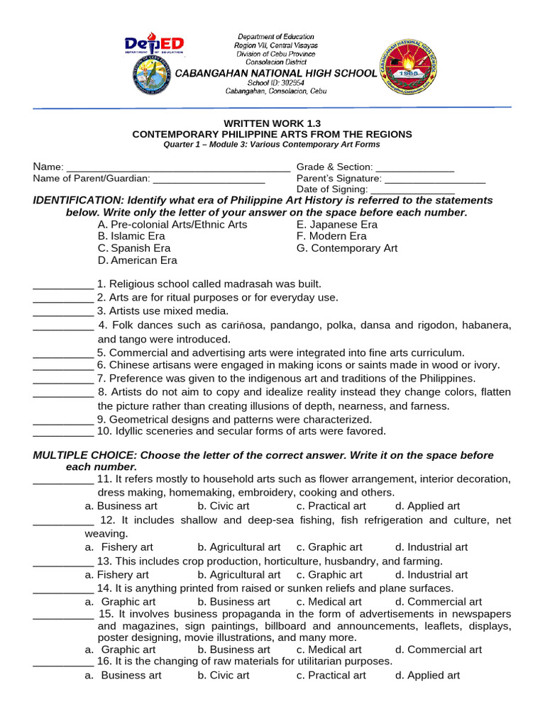 CONTEMPORARY ARTS - Enrichment Act 1.3 | PDF