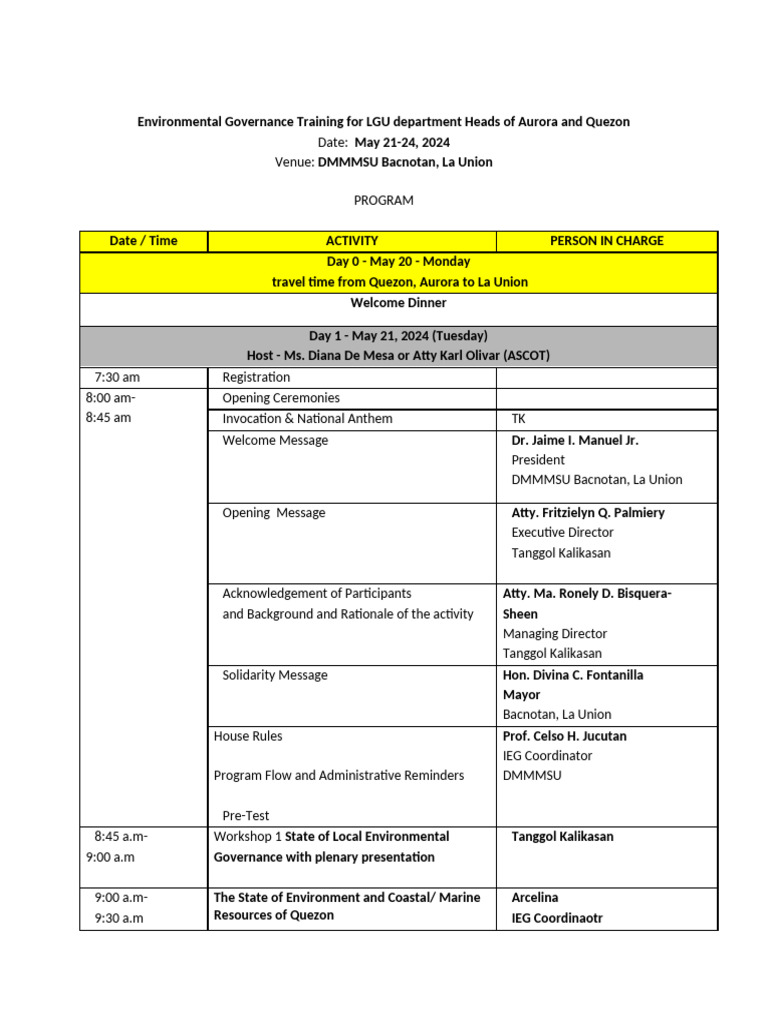 TentativeProgram - Quezon & Aurora LGU Department Heads Training | PDF