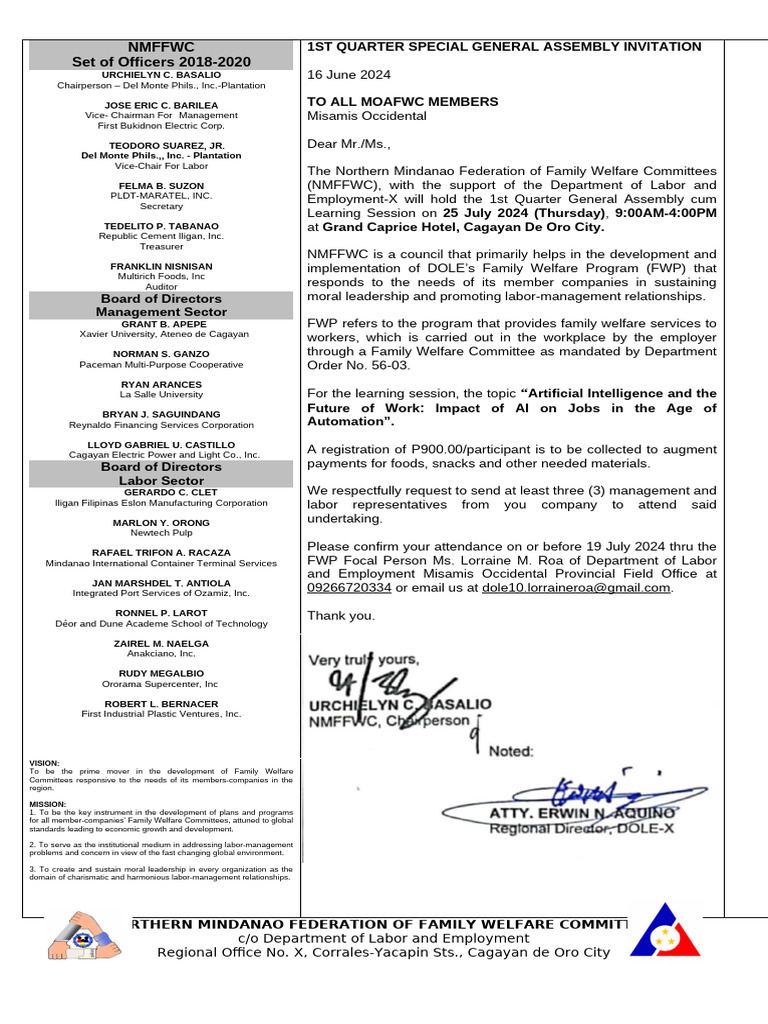 NMFFWC 2024 1ST Quarter General Assembly Invitation 2024 | PDF