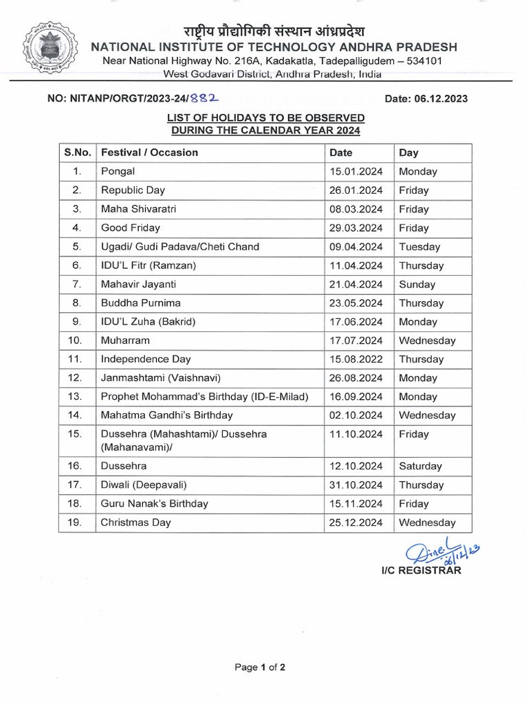List of Holidays Calendar Year - 2024 | PDF