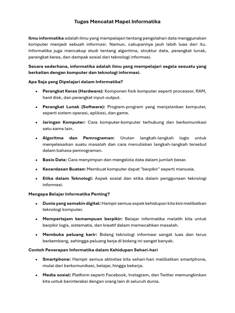 Tugas Mencatat Mapel Informatika | PDF