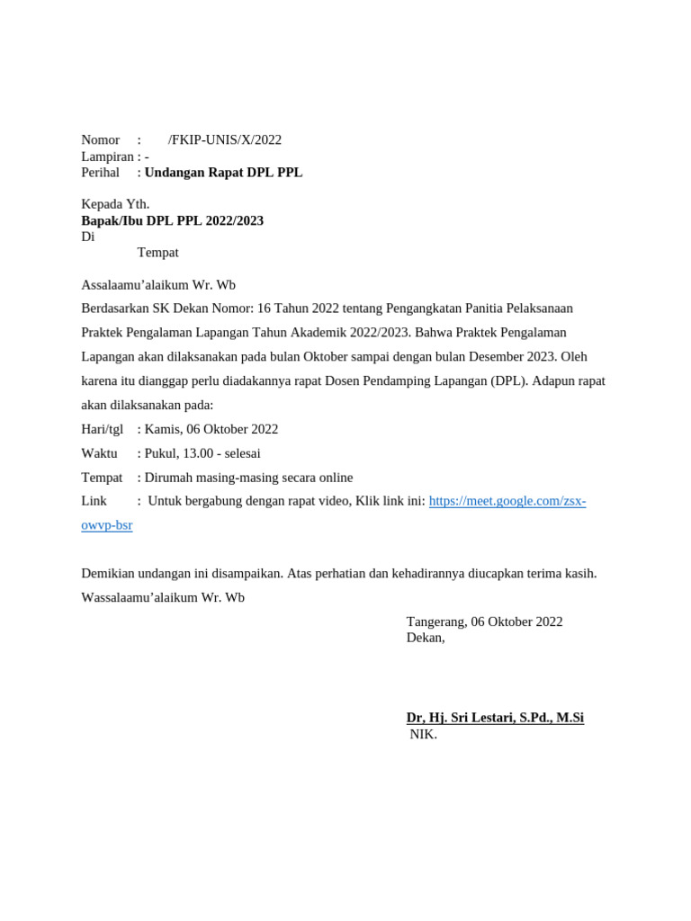 Surat Undangan Rapat DPL PPL | PDF