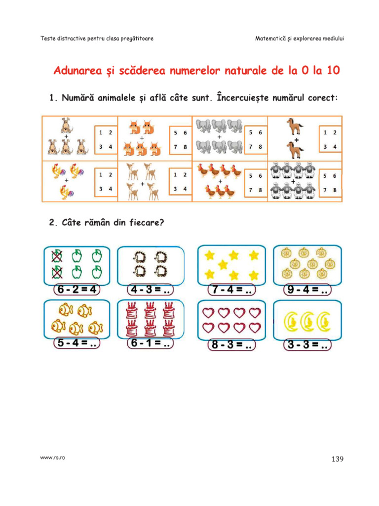 Fise de Lucru Clasa Pregatitoare Matematica Adunari Si Scaderi 0 10 | PDF