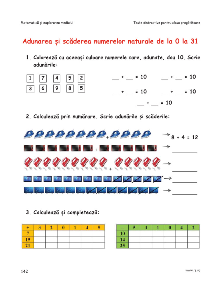 Fise de Lucru Clasa Pregatitoare Matematica Adunari Si Scaderi 0 31 1 | PDF