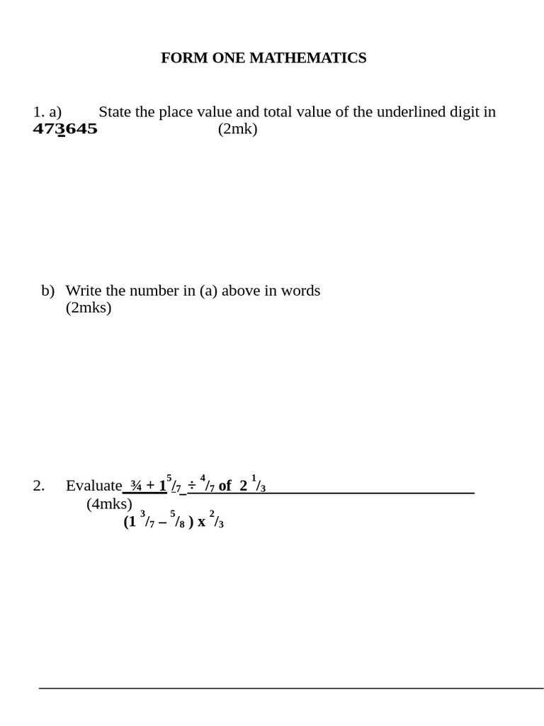 Mathematics Paper Form 1 Term 1 2018 SNK | PDF