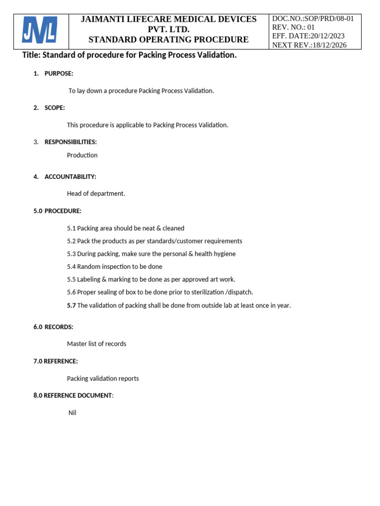 SOP.08 Packing Validation | PDF
