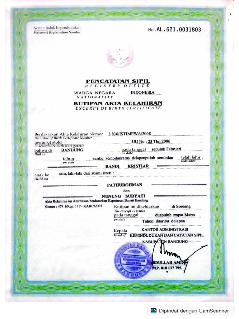 Akte Kelahiran Randi | PDF