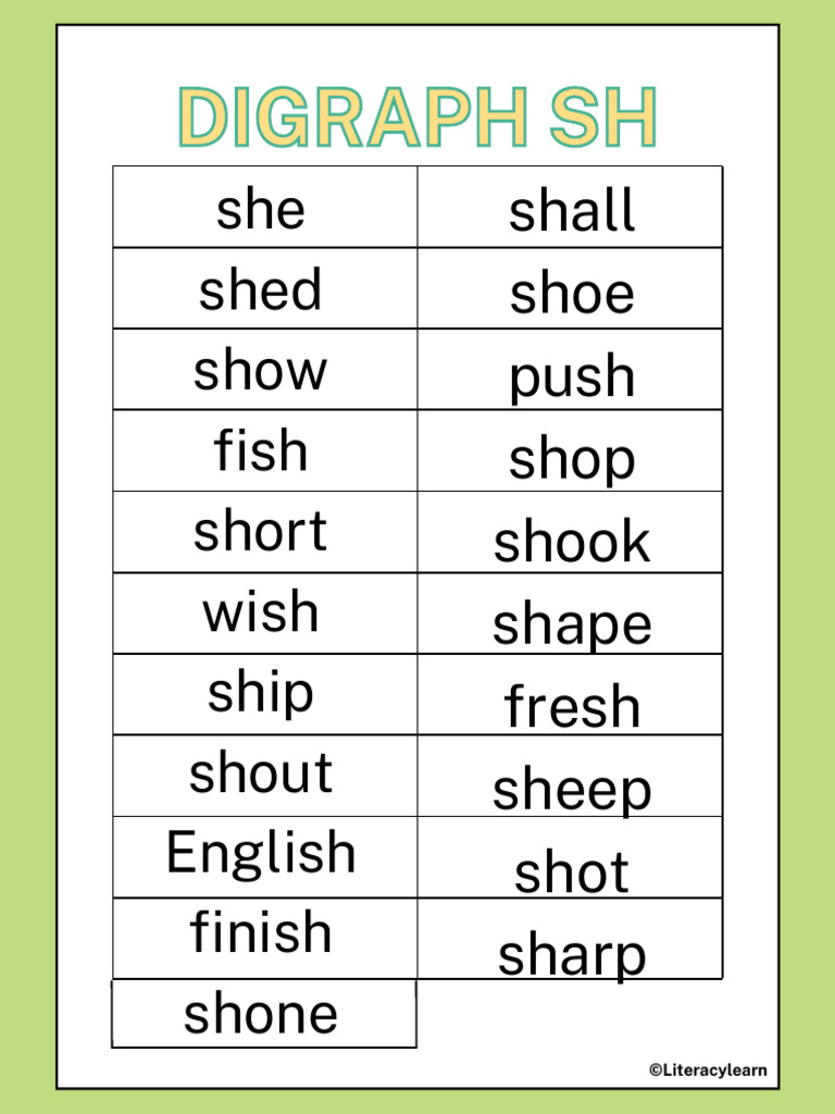 Consonant Digraph SH Word Lists | PDF