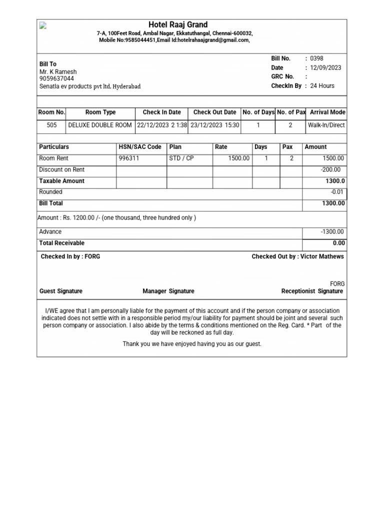 Hotal Bill Chennai Format | PDF