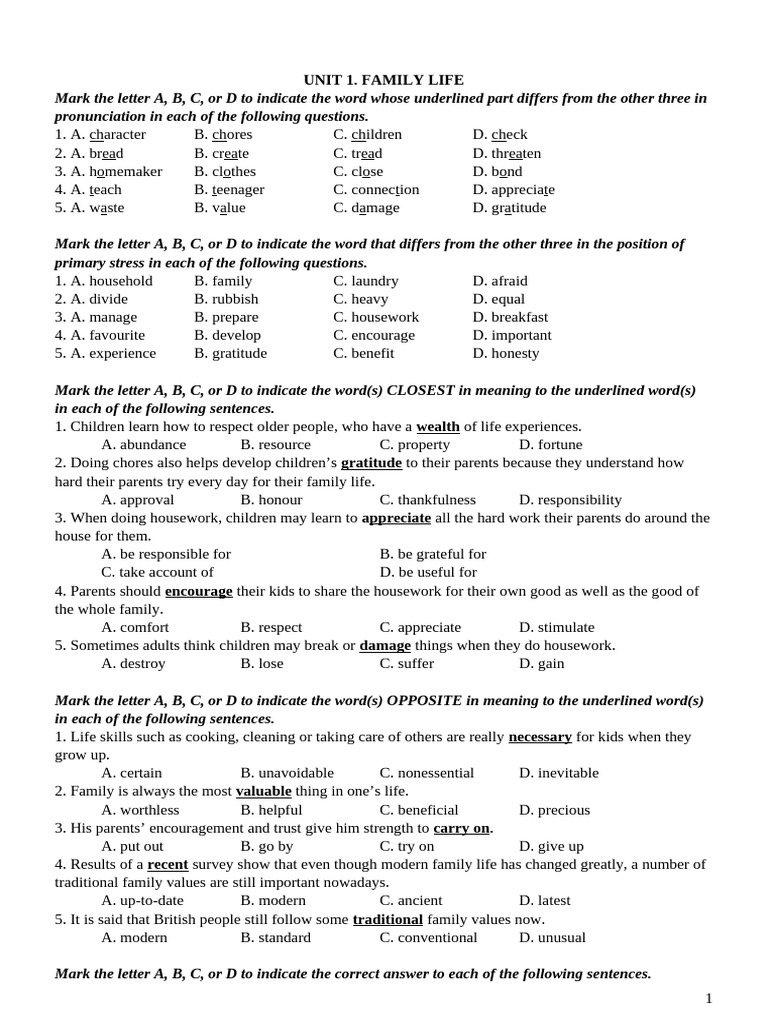 Unit 1. Family Life | PDF